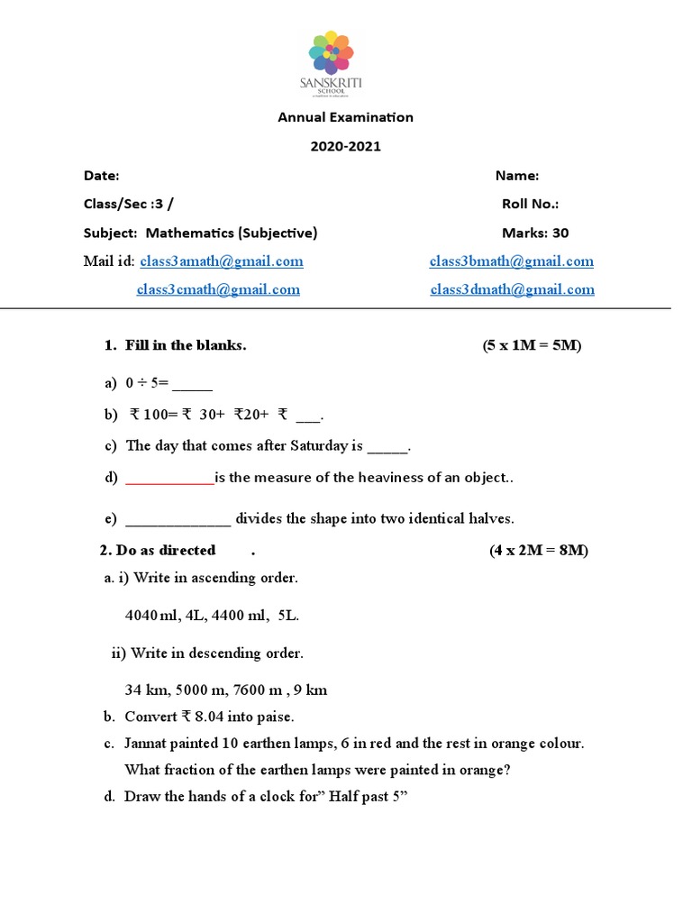 Grade 3 Mathematics Exam Paper 2021 | PDF | Art | Science & Mathematics