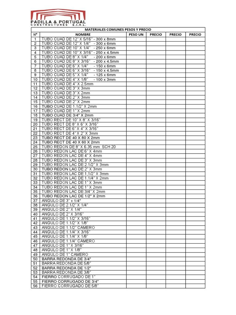 PESOS de Materiales de Acero | PDF