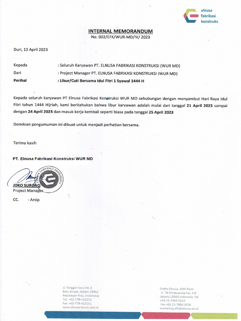 MEMO LIBUR LEBARAN 1444H | PDF