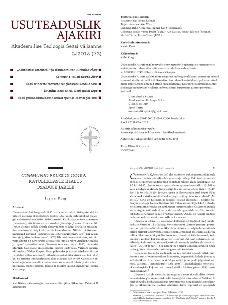 Ingmar Kurg. Communio-Eklesioloogia. UA-2018-2 | PDF