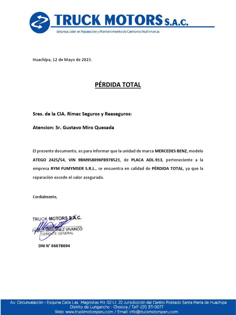 Carta Perdida Total Und. Placa Adl-913 Rym Fumymser S.R.L. | PDF