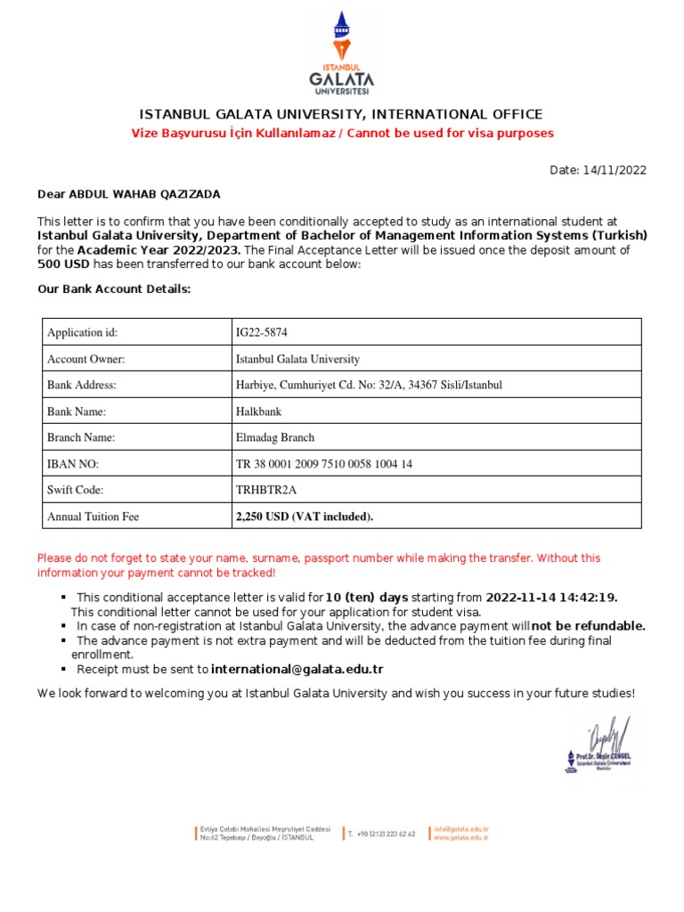 Conditional Acceptance: Istanbul Galata University | PDF