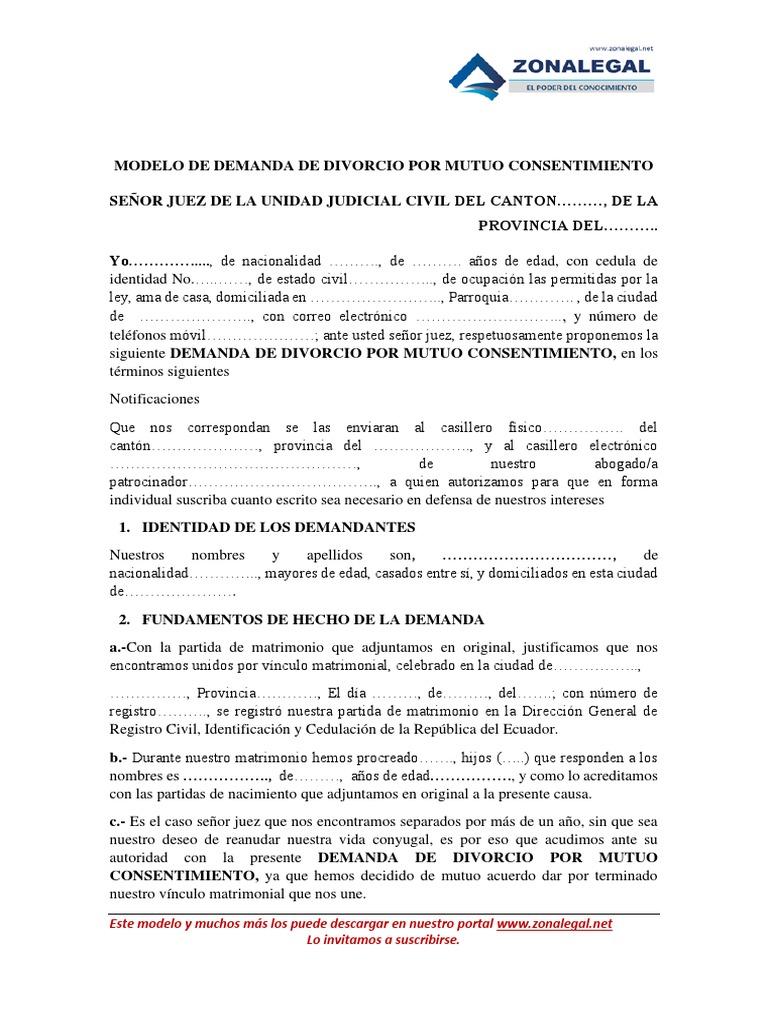 9.48 Modelo de Demanda de Divorcio Por Mutuo Consentimiento | PDF | Matrimonio | Demanda judicial