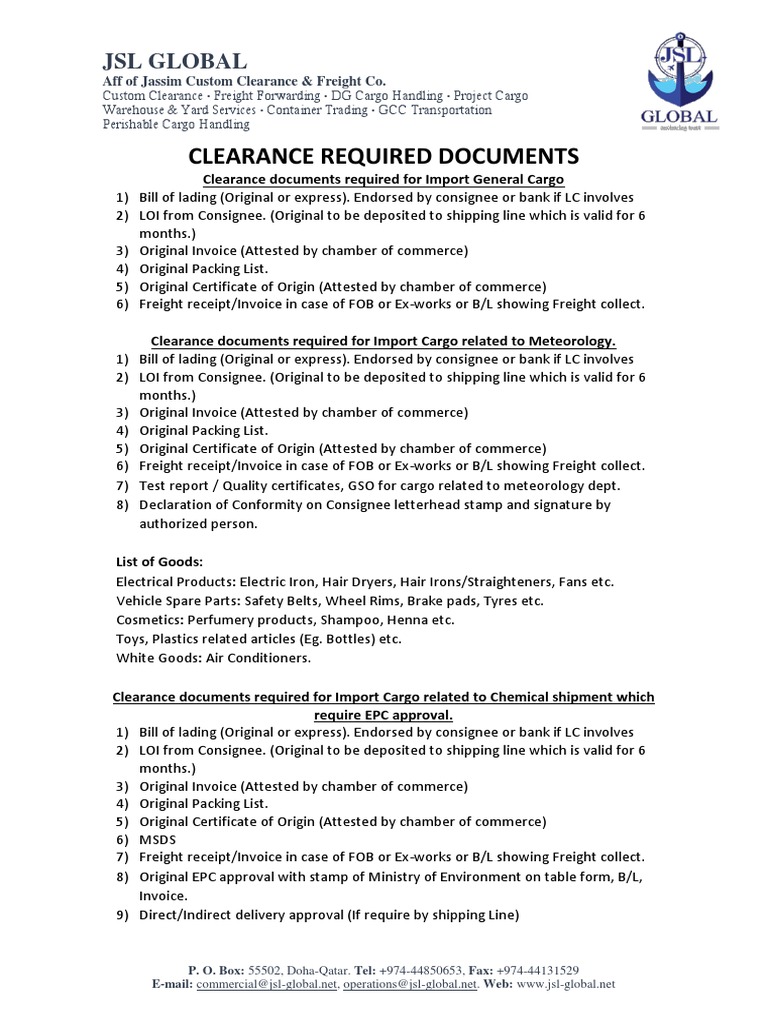 Clearance Required Documents | PDF | Cargo | Bill Of Lading