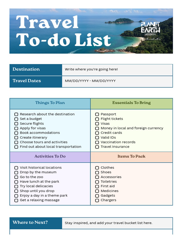 Travel To-Do List Doc in Teal Pastel Green Pastel Purple Vibrant ...