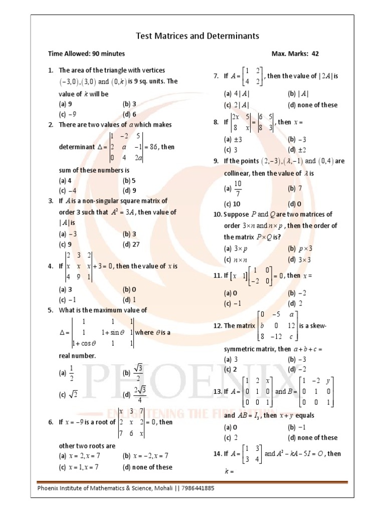 Matrices & Determinants Test Paper | PDF | Determinant | Algebra