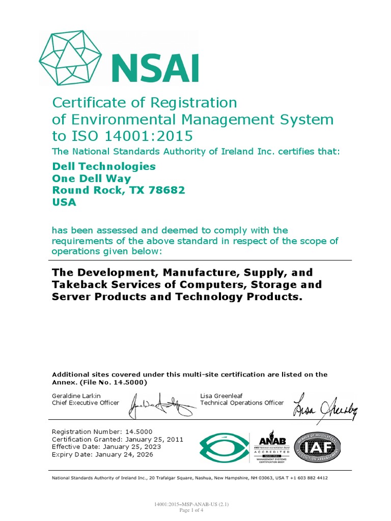 Dell Inc Iso 14001 2015 Multi Site Certificate | PDF | Dell | Information Technology Companies ...