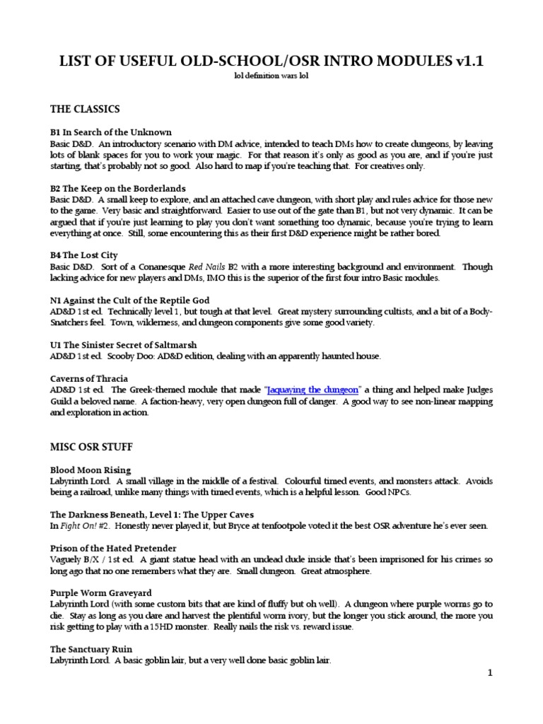 List of Useful Old-School/Osr Intro Modules V1.1: The Classics | PDF ...
