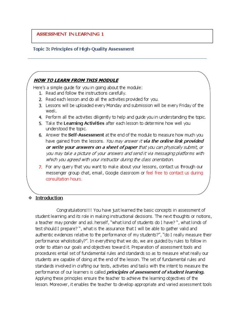 Learning Module 3 ASSESSMENT IN LEARNING 1 | PDF | Educational ...