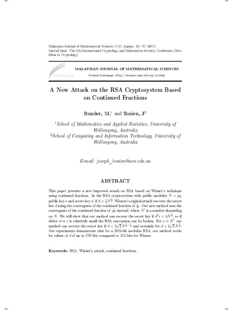 A New Attack On RSA Cryptosystem Based On Continued Fractions | PDF | Cryptography | Theoretical ...
