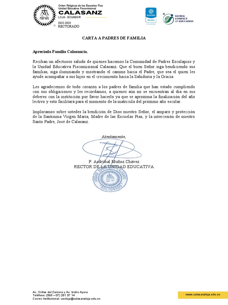 Carta a Padres de Familia Calasancia | PDF