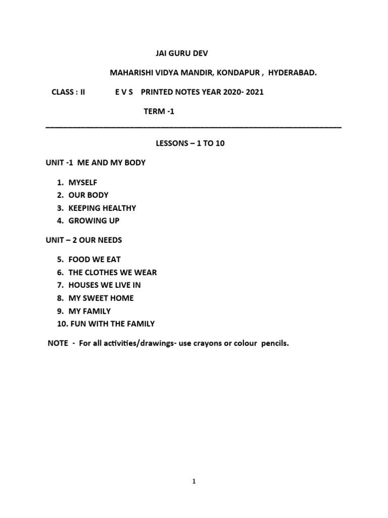 Class 2 Evs Printed Notes Term-1 (2020-21) | PDF | Foods | Meal