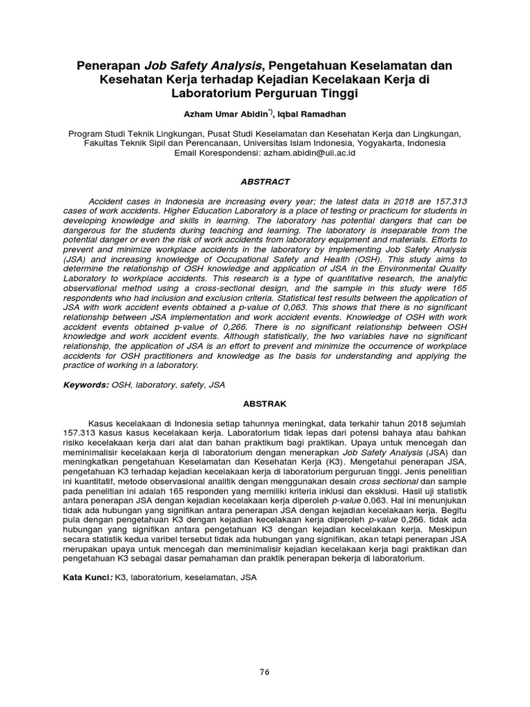 Penerapan Job Safety Analysis Pengetahua | PDF | Laboratories | Safety