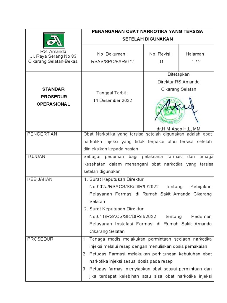 72.spo Penanganan Obat Narkotika Yang Tersisa Setelah Di Gunakan | PDF