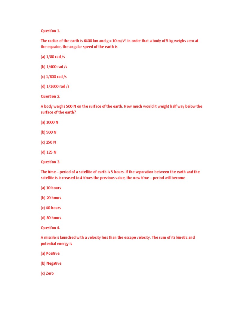 Gravity MCQ | PDF | Earth | Orbit