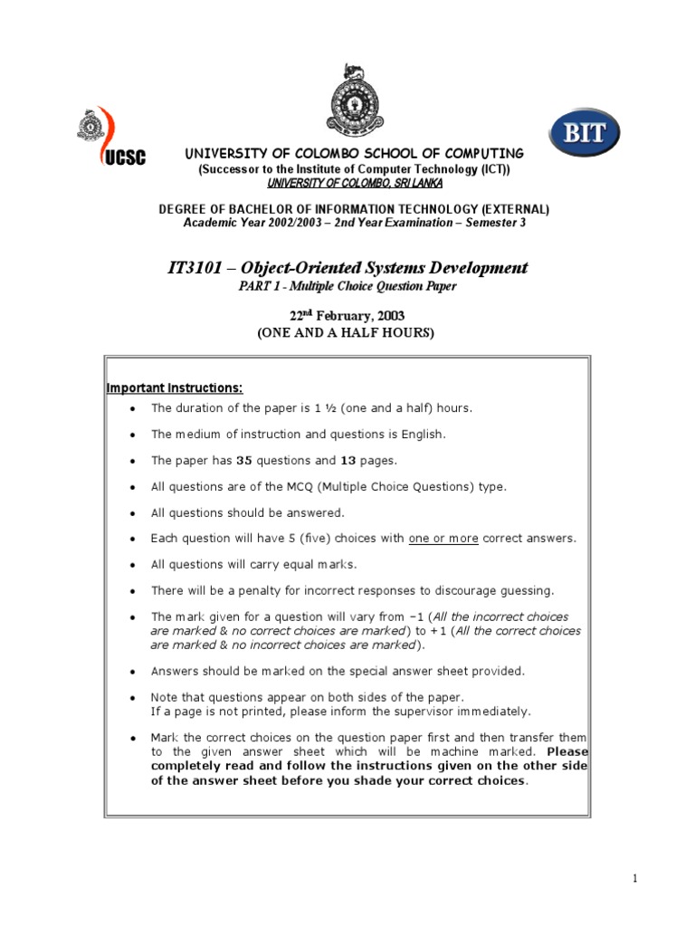 It3101 Object Oriented Systems Development University Of Colombo School Of Computing Pdf 
