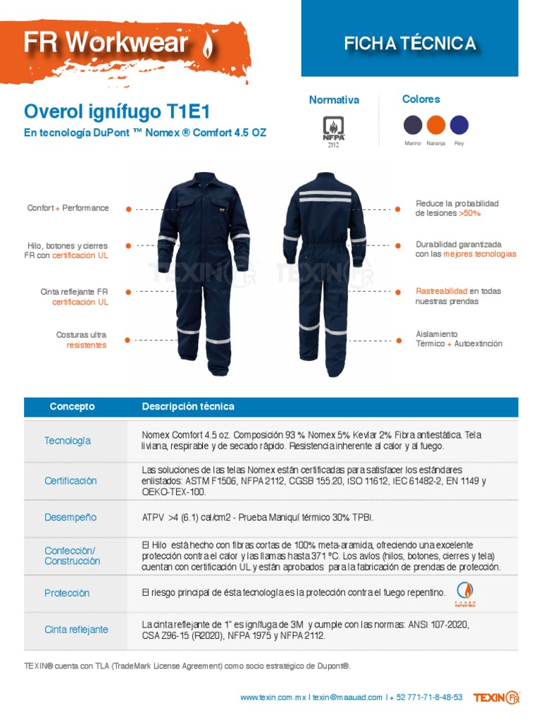 Ficha Tecnica Overol T1e1 Nomex Texin | PDF