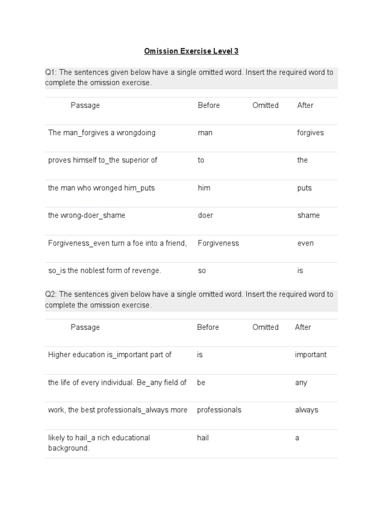 Omission Exercise Level 3 | PDF