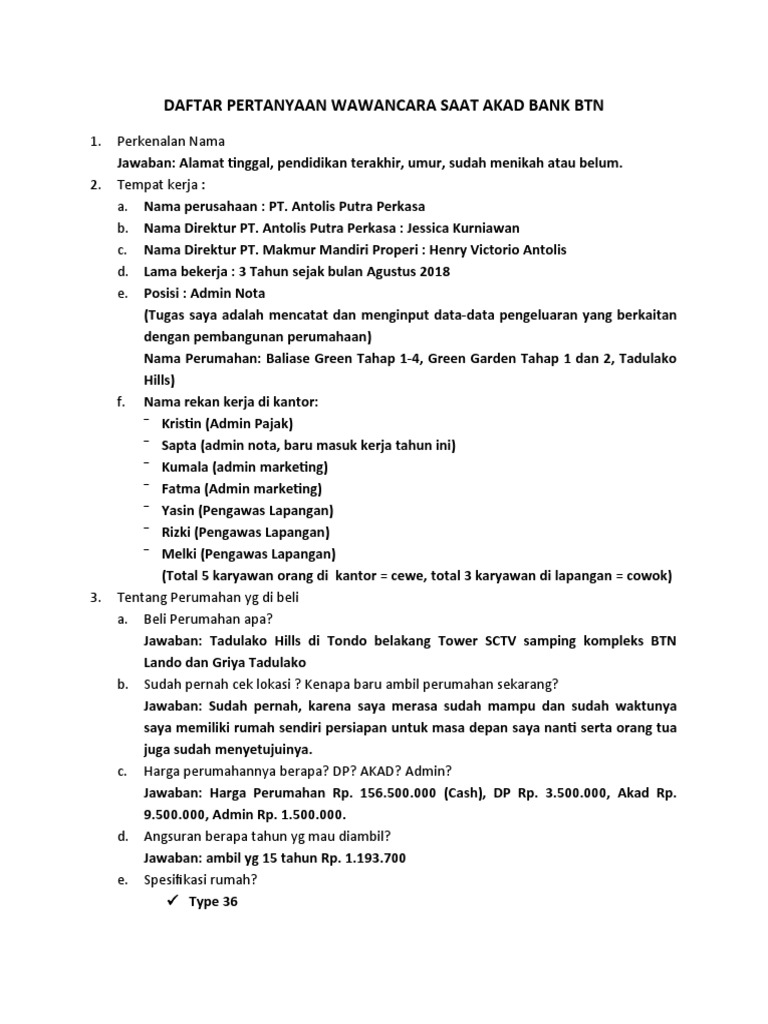 Baru Daftar Pertanyaan Wawancara Saat Akad Bank BTN | PDF