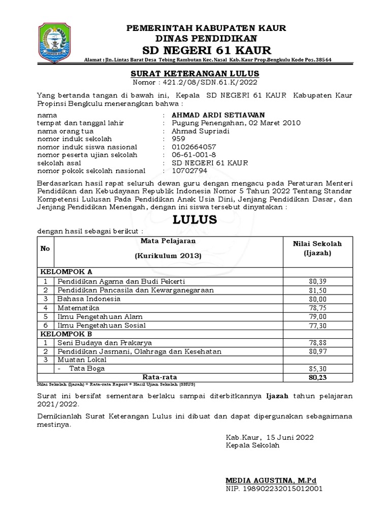 Surat Keterangan Lulus SD | PDF