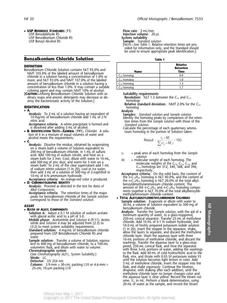 NF Monographs Benzalkonium Chloride Solution | PDF | Titration | Chemistry