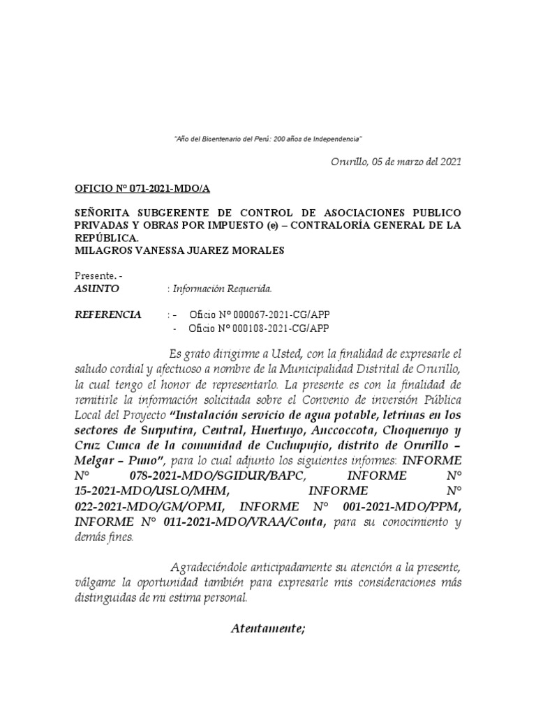 Oficio-Contraloria-Informe - Convenio Mdo 2021 | PDF