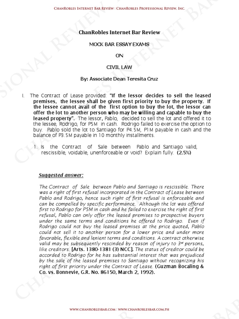 Mock Bar Review on Civil Law | PDF | Inheritance | Lease