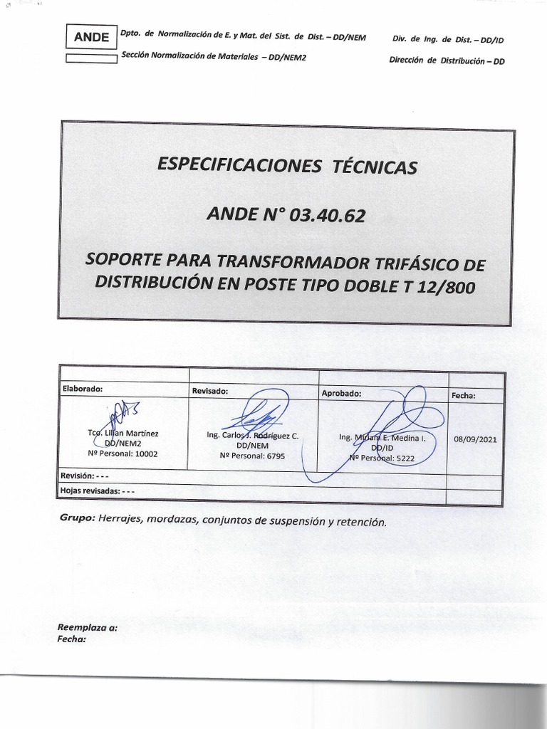 EE - TT. 03.40.62 - Soporte para Transformador Trifasico de Distribucion en Poste 12 - 800 | PDF
