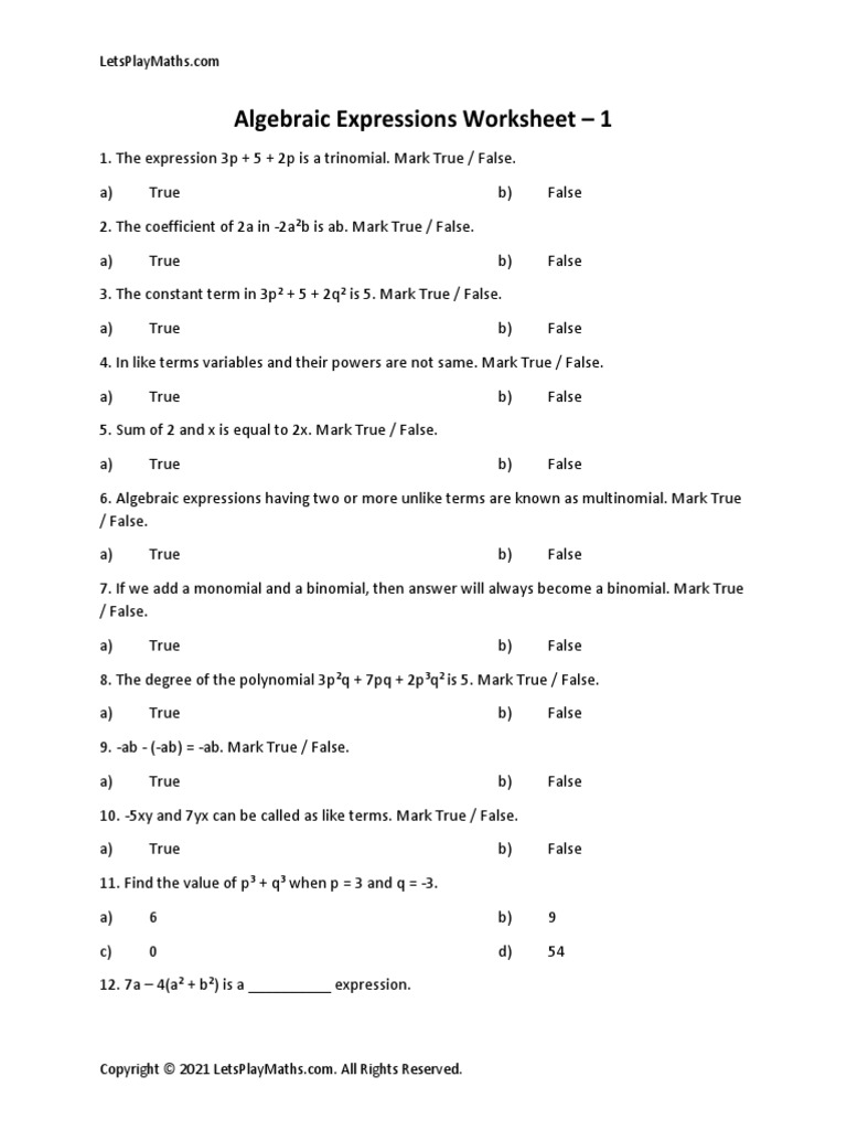 Algebraic Expressions Worksheet-1 | PDF | Computational Science | Algebra