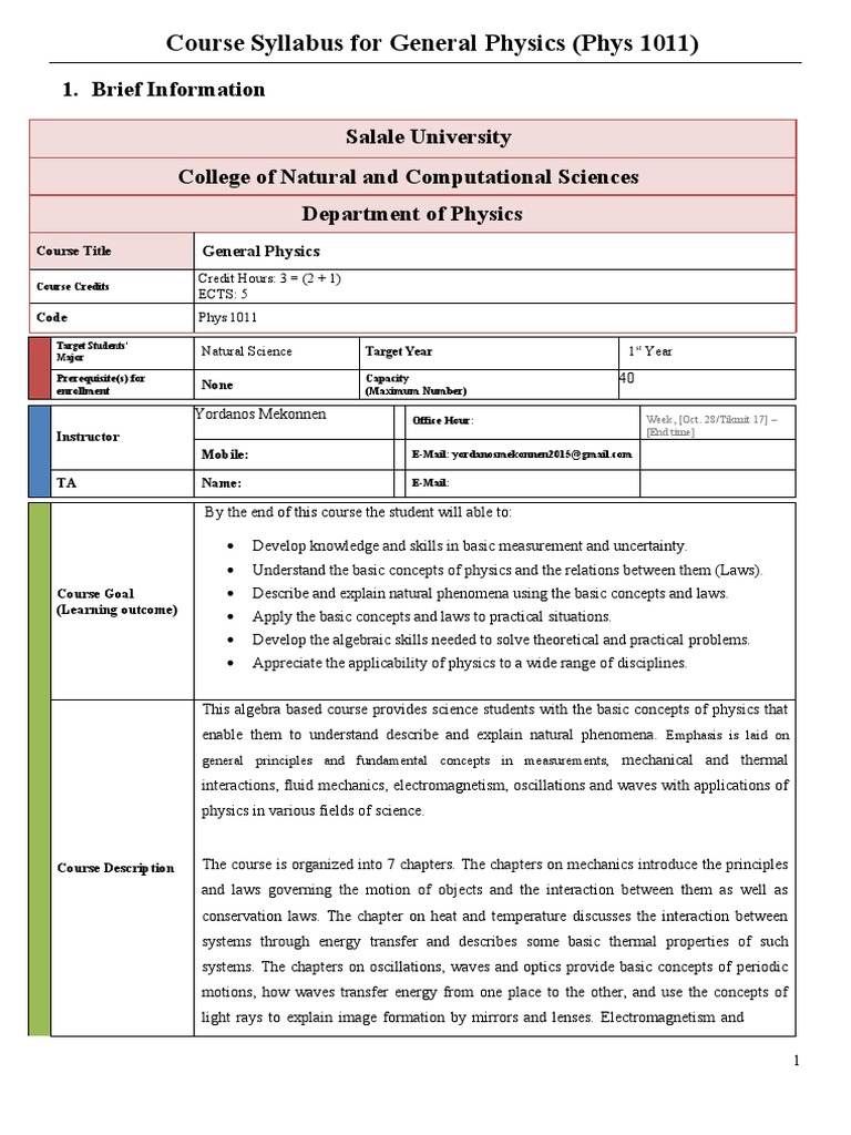 General Physics 1011 Syllabus | PDF | Physics | Heat