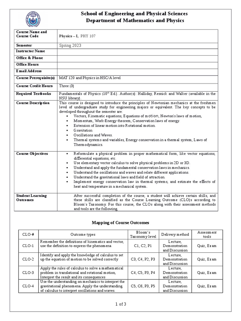 Course Outline Phy107-Spring-2023 | PDF | Newton's Laws Of Motion | Force