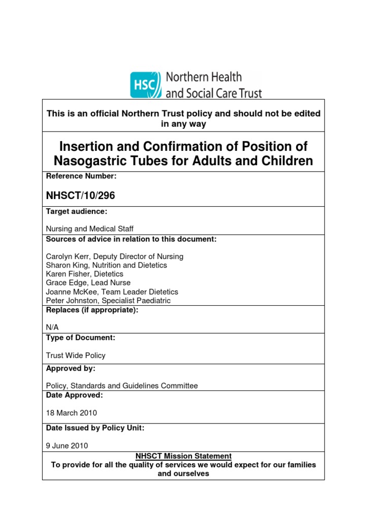 Insertion and Confirmation of Position of Nasogastric Tubes For Adults ...