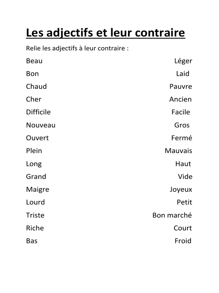Les Adjectifs Et Leur Contraire | PDF