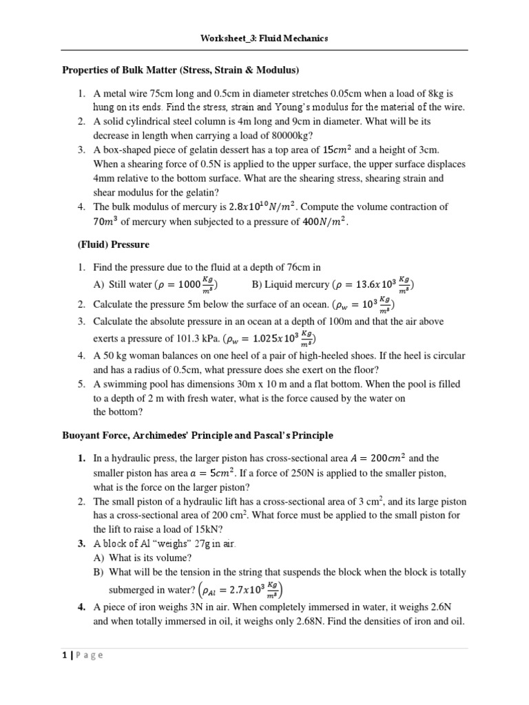 Worksheet 3 | PDF | Pressure | Buoyancy