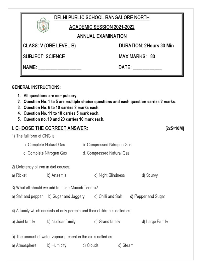Class V Science Annual Exam Paper | PDF | Nature | Physical Sciences