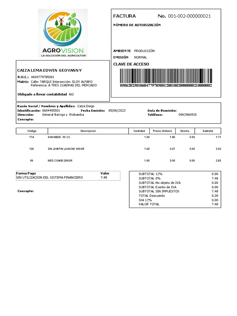Factura No. 001-002-000000021: Caiza Lema Edwin Geovanny | PDF ...
