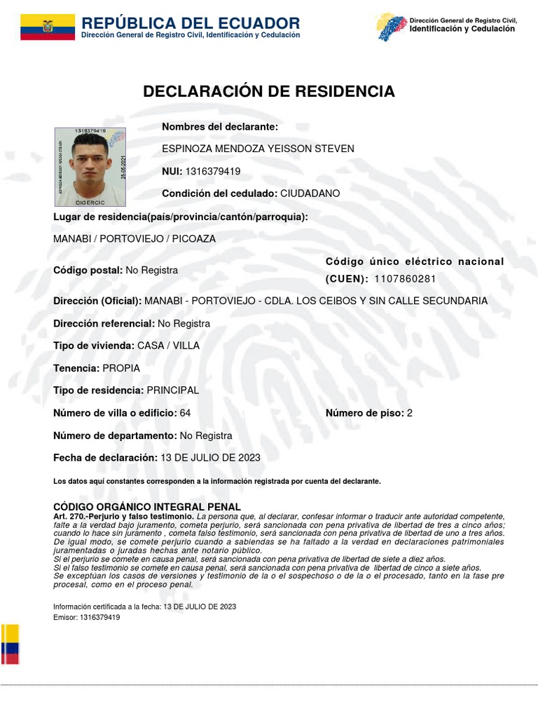 Declaración de Residencia: República Del Ecuador | PDF