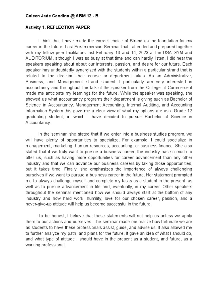 Reflection Paper | PDF | Accounting | Cognition