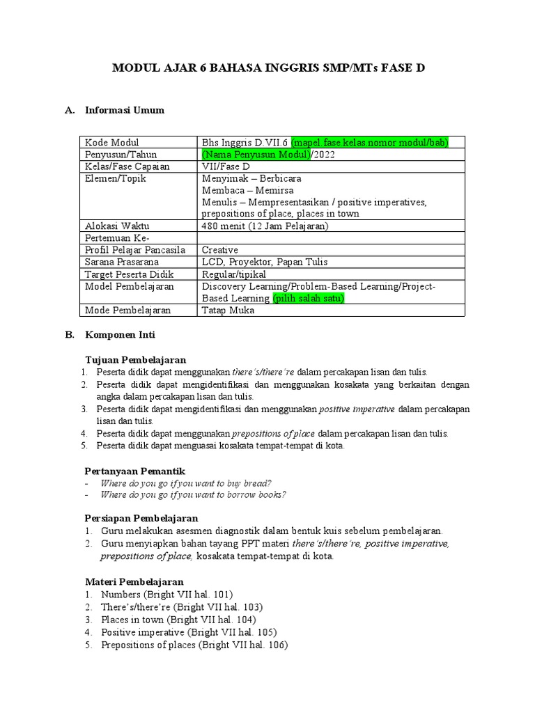 Modul Ajar Bahasa Inggris VII: Imperatives & Prepositions | PDF | Karier & Perkembangan | Seni ...