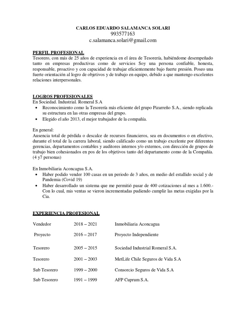 CV Carlos Salamanca Solari Junio 2023 | PDF | Economias | Business
