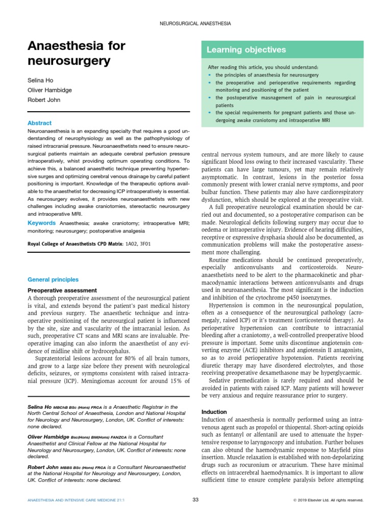 Anaesthesia For Neurosurgery-PIIS1472029919302656 | PDF | Anesthesia ...