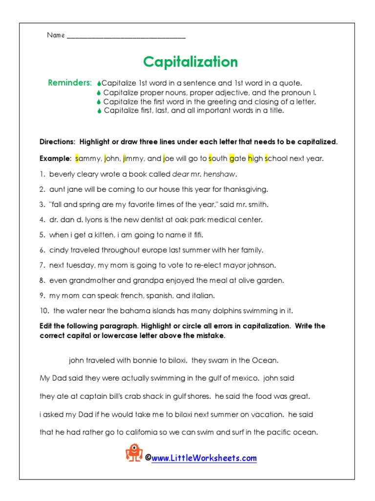 Capitalization Full Sentences Ss | PDF | Language Arts & Discipline