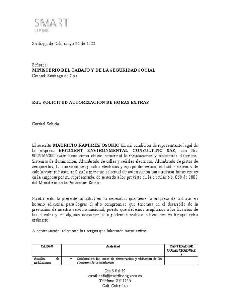 Carta Ministerio de Trabajo Solicitud Horas Extras | PDF