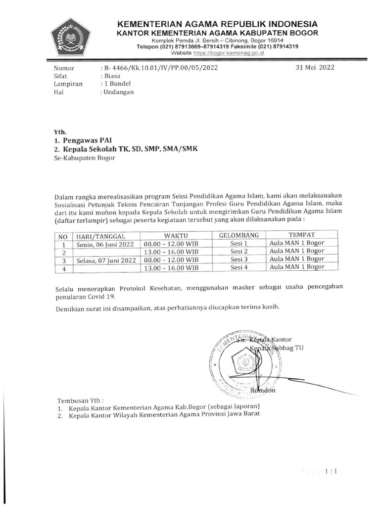 Surat Undangan Sosialisasi Juknis TPG 2022 Dengan BJBS | PDF