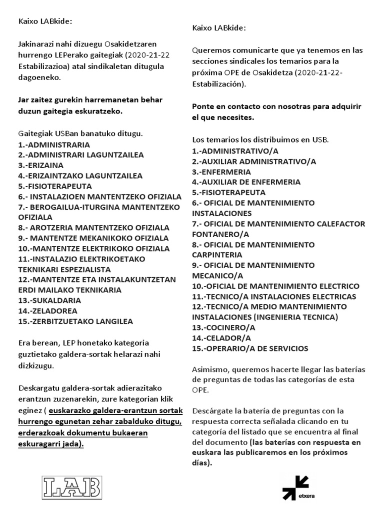 Behin Betiko LAB GAITEGIAK ETA GALDERA SORTA | PDF | Servicios públicos | Programas sociales