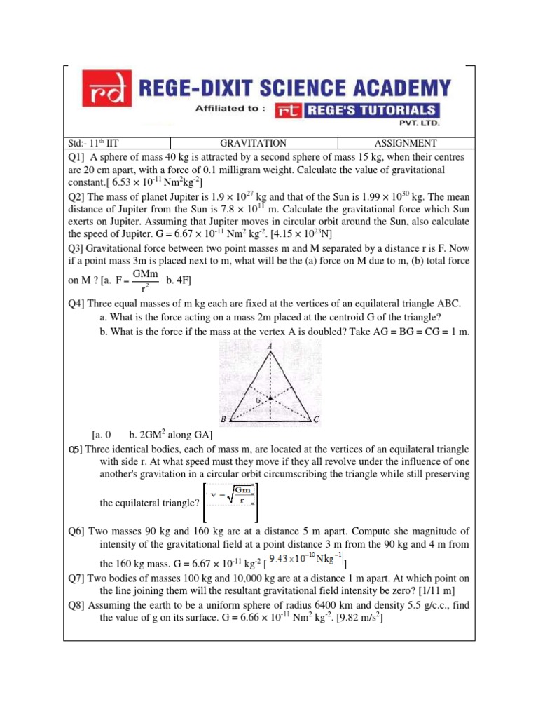 11th GRAVITATION Assignment | PDF | Mass | Gravity