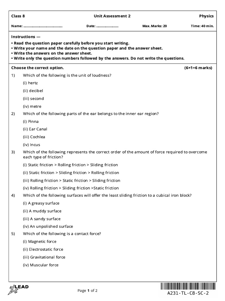 Class8 Physics ASM-1 3572 | PDF | Friction | Ear