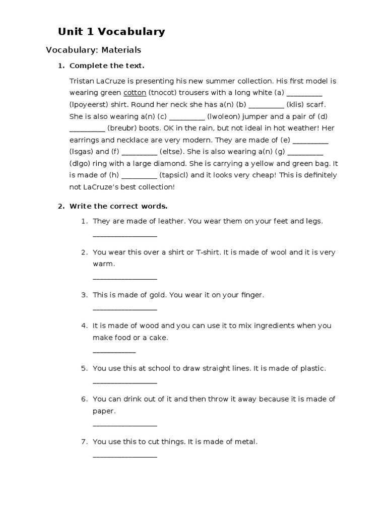 Unit 1 Vocabulary | PDF | Trousers | Sweater