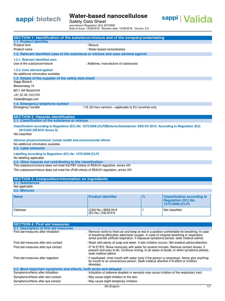 Sappi Valida MSDS - English | PDF | Toxicity | Dangerous Goods