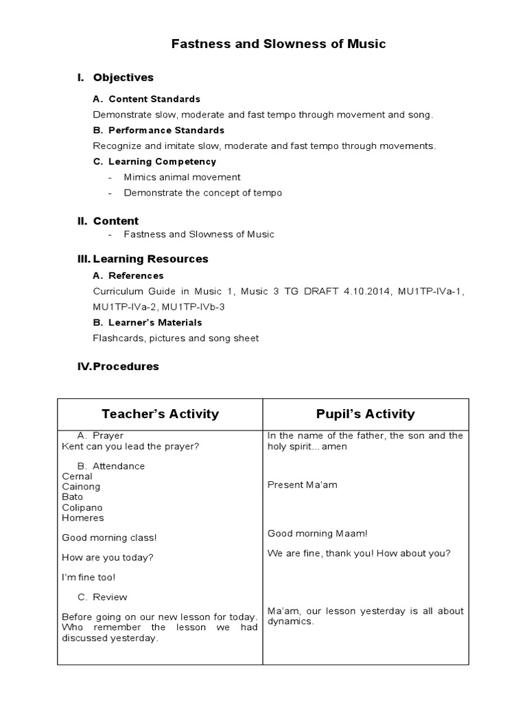 Detailed Lesson Plan Music 1 | PDF | Tempo | Cognitive Science